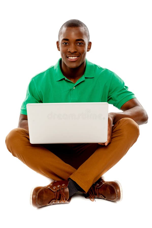 Attractive Young Man Pointing To Laptop Screen Stock Photo - Image of ...