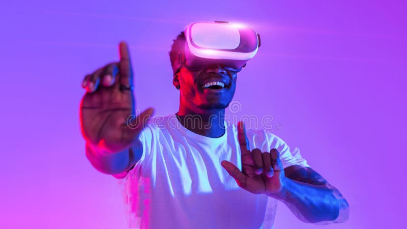 Cool Guy in VR Glasses Exploring Cyberspace, Touching Imaginary Screen ...