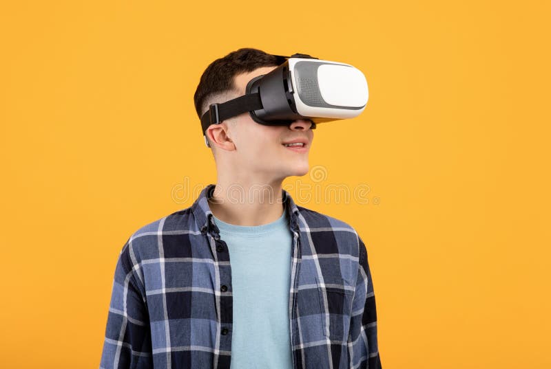 Cool Guy in VR Headset Exploring Cyberspace, Using Virtual Reality for ...