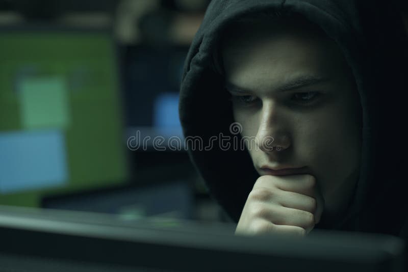 Cool Hacker with Hoodie Working with Computers Stock Image - Image of ...