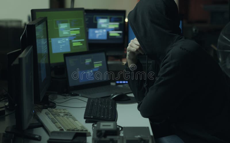 Cool Hacker with Hoodie Working with Computers Stock Photo - Image of ...