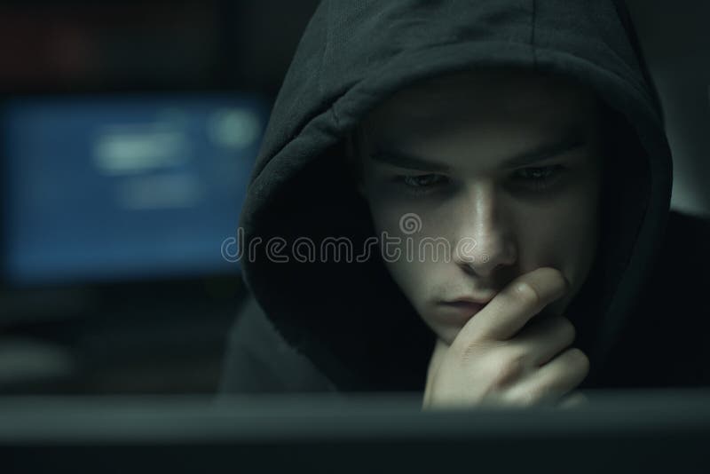 Cool Hacker with Hoodie Working with Computers Stock Photo - Image of ...