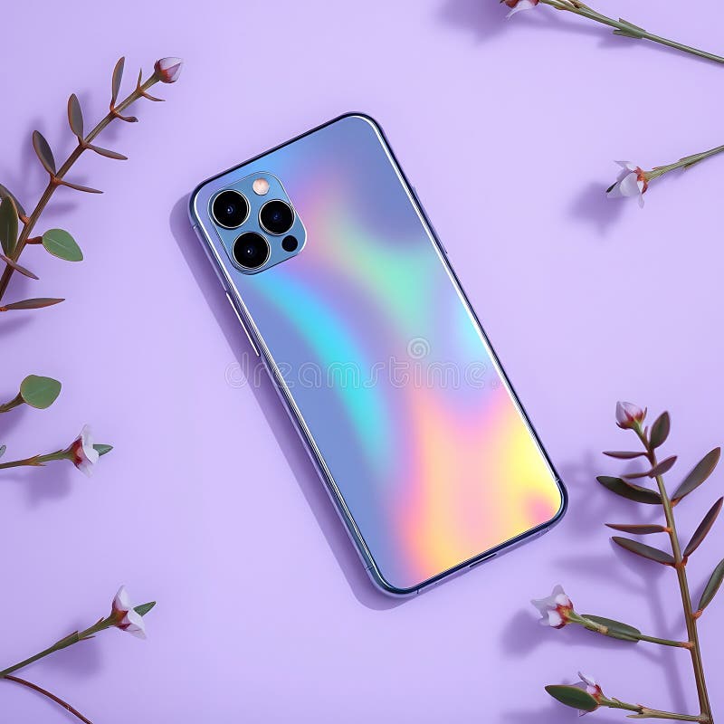 A Cool Holographic Phone Case on a Pastel Lavender Backdrop Stock ...
