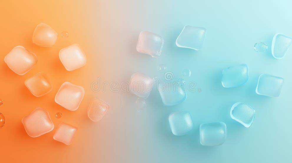 Cool Ice Cubes on Vibrant Blue and Orange Background, Refreshing Visual ...