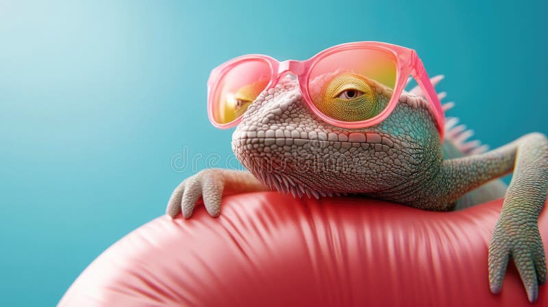 Cool Iguana Relaxing on Inflatable Pool Toy with Sunglasses Stock Photo ...