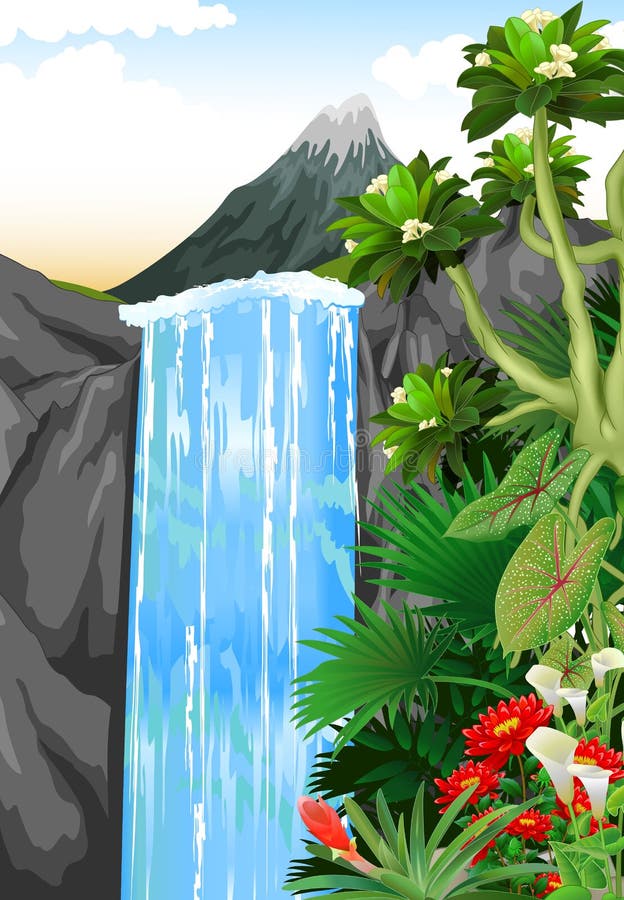 Cool Waterfall with Tropical Plant Flower View Cartoon Stock ...