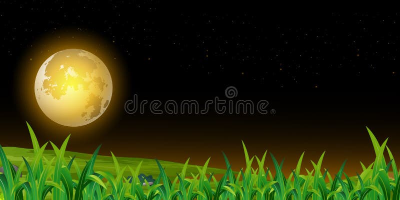 Cool Landscape Grass Field Night View with Moonlight Cartoon Stock ...
