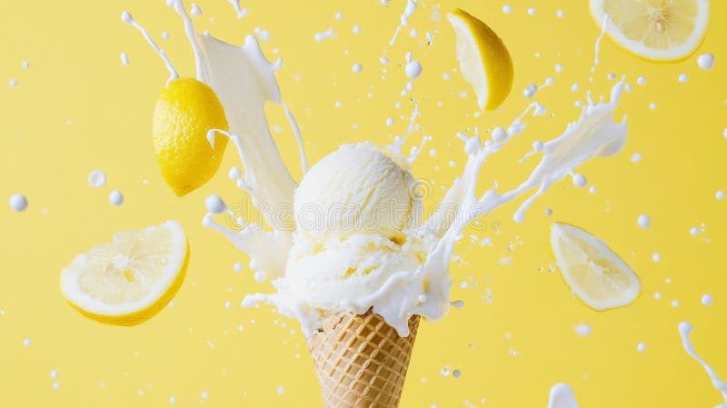 A Cool Lemon Ice Cream Cone with Mint is Set Against a Backdrop of ...