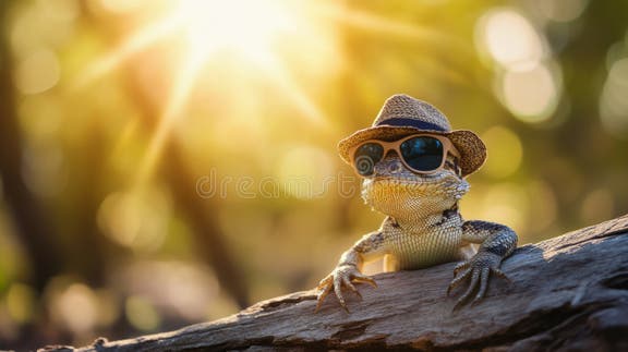 Cool Lizard with Hat and Sunglasses on Log with Sun Flare Stock ...