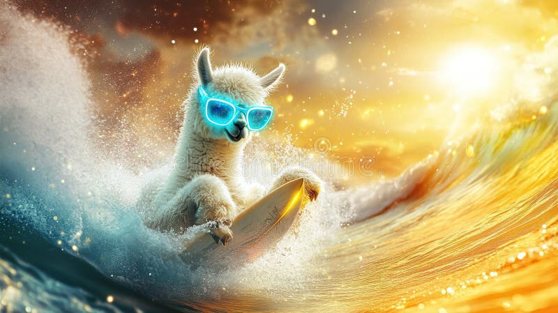 Cool Llama Surfing Ocean Wave at Sunset. (1 Stock Illustration ...