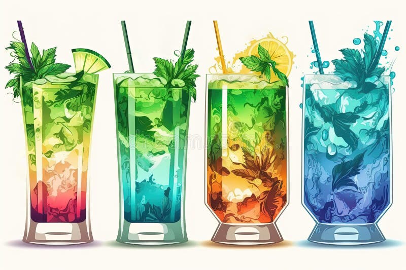 Cool Long Island Iced Tea in Colorful Glasses Stock Illustration ...