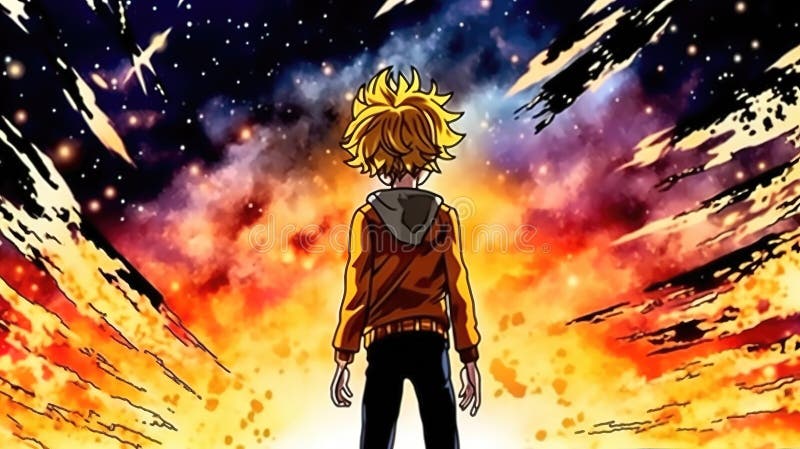 A Cool Looking Anime Boy Standing in Front of a Big Sky Sunset ...