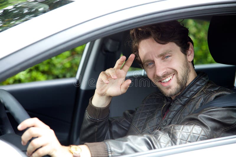 Cool Man Driving Car Saying Hello Looking Camera Stock Image - Image of ...