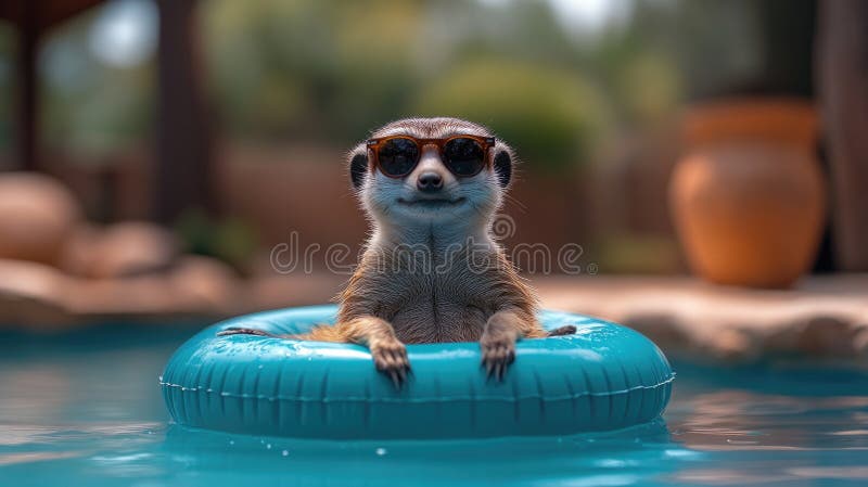 Cool Meerkat Relaxing in Pool on Inflatable Ring Wearing Sunglasses ...