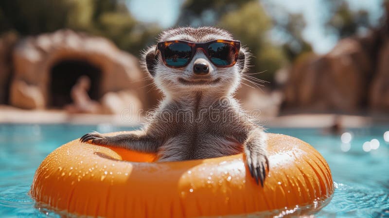 Cool Meerkat Relaxing in Pool with Sunglasses on Inflatable Ring Stock ...