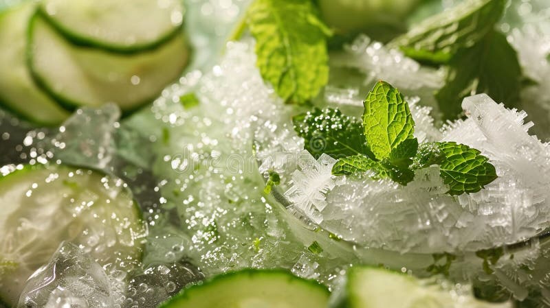A Cool Mint and Cucumber Slush with Ice Crystals and Cucumber Slices ...