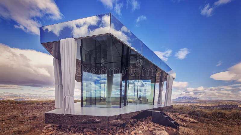 Cool Modern Building with Glass Windows in the Middle of a Field Stock ...