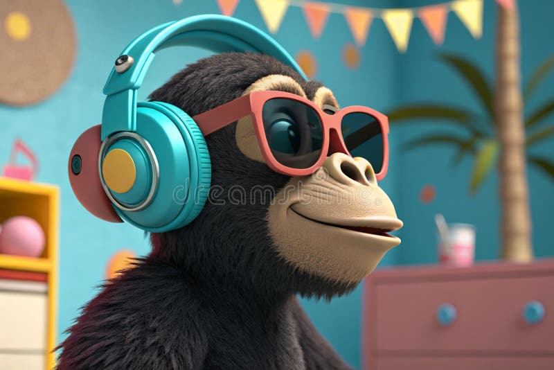 Cool Monkey with Headphones and Sunglasses 3d Rendering - Generated by ...