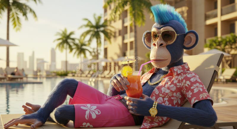 Cool Monkey at the Poolside Stock Illustration - Illustration of gold ...