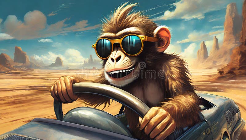 Cool Monkey with Sunglasses Driving a Car in the Desert Stock ...