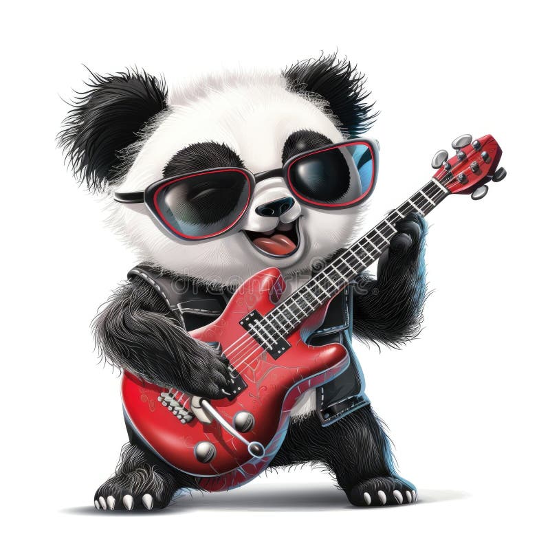 Cool Panda Rock Star Playing Electric Guitar in Black Jacket and ...