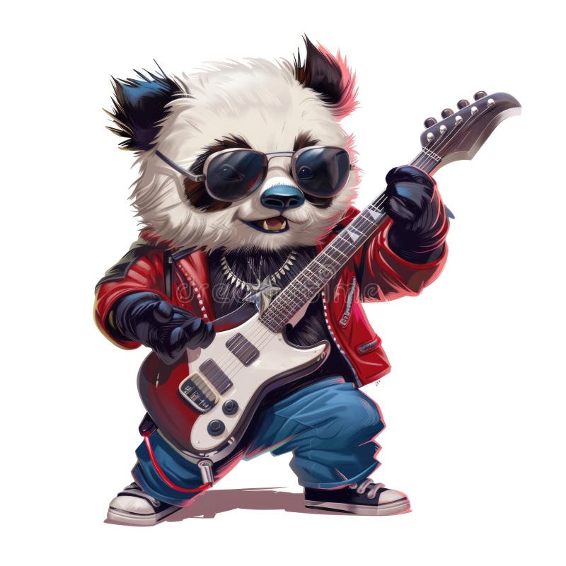 Cool Panda Rock Star Playing Electric Guitar in Red Jacket and ...