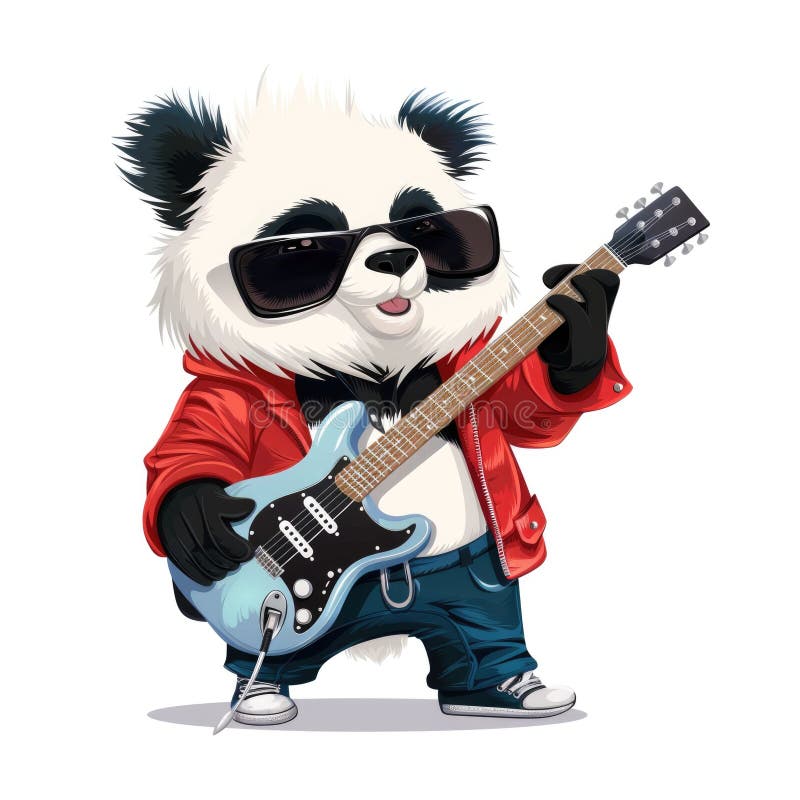 Cool Panda Rock Star Playing Electric Guitar in Red Jacket and ...