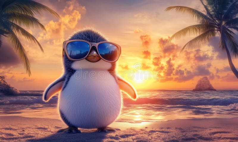 Cool Penguin Wearing Sunglasses on Beach at Sunset with Palm Trees ...