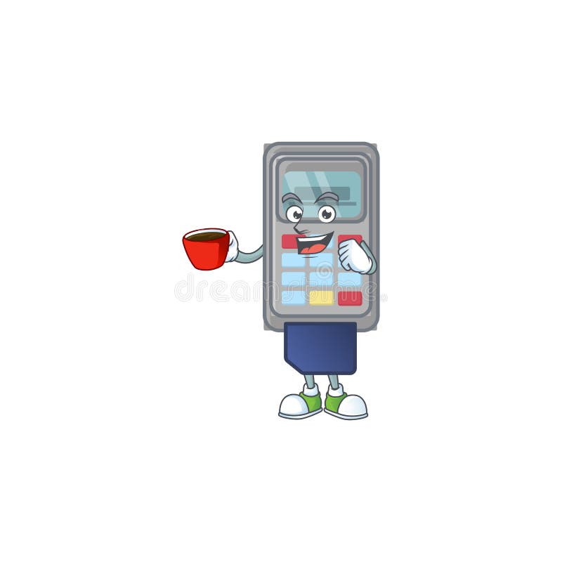 Cool POS Machine Cartoon Character with a Cup of Coffee Stock Vector ...