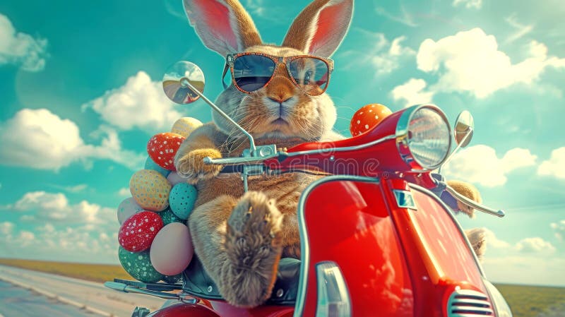 A Cool Rabbit on a Red Moped Rides Down the Road with a Bunch of Easter ...