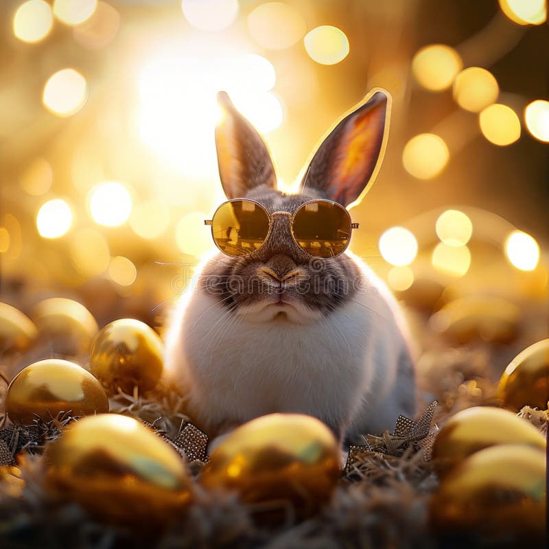 Cool Rabbit with Shades, Striking Pose with Golden Easter Eggs Stock ...