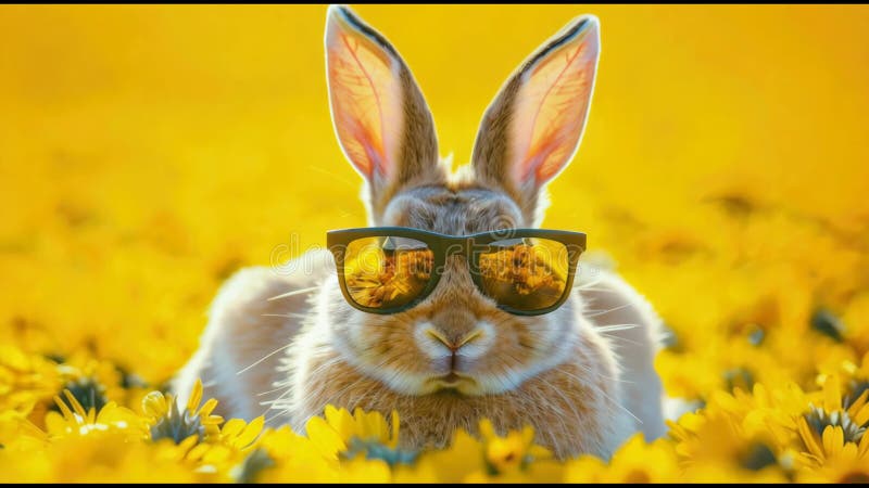 Cool Rabbit with Sunglasses Exploring a Surreal Landscape of Yellow ...