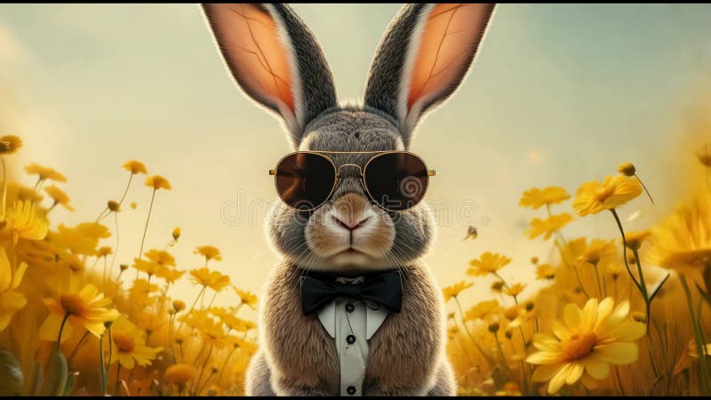 Cool Rabbit with Sunglasses Exploring a Surreal Landscape of Yellow ...
