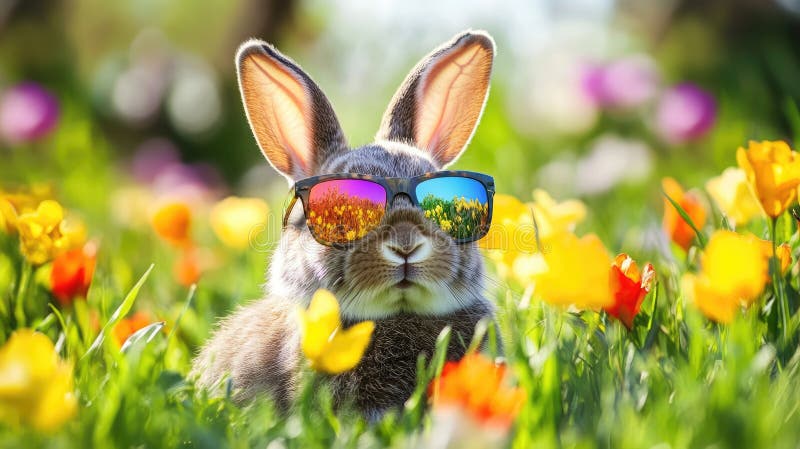 Cool Rabbit in Sunglasses Sitting among Tulips. Springtime Charm and ...