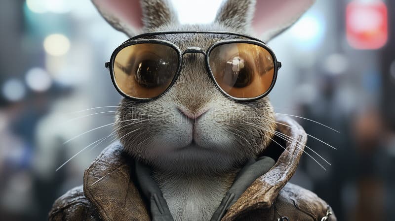 Cool Rabbit Wearing Sunglasses and a Leather Jacket in an Urban Setting ...