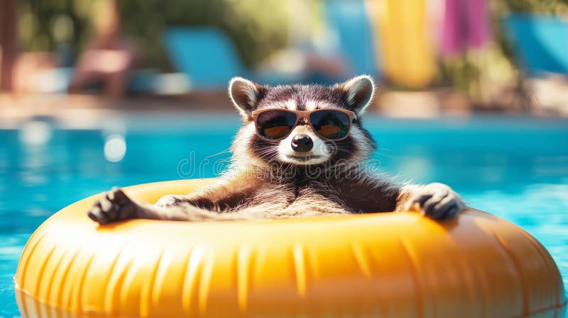 Cool Raccoon in Sunglasses Relaxing on a Pool Float Stock Image - Image ...