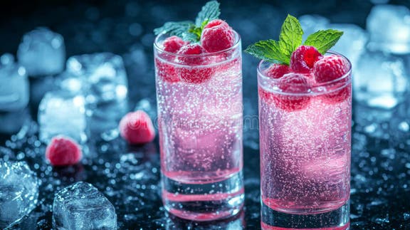 A Cool Raspberry Soda Garnished with Ice and Mint Stock Image - Image ...