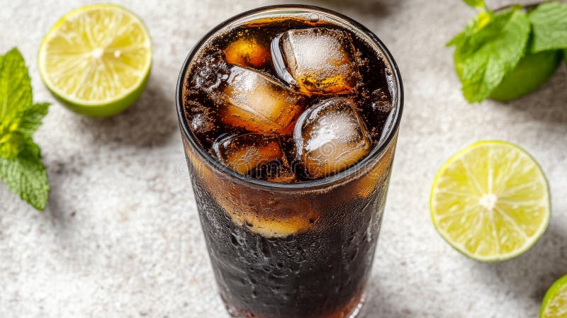 A Cool and Refreshing Cola Drink Featuring Lime Slices and Mint Leaves ...