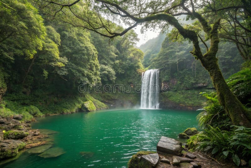 Emerald Pond Waterfall Hidden in Taiwan S Forest Stock Illustration - Illustration of travel ...