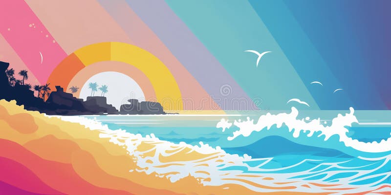 A Cool Beach and the Ocean - Retro Modern Wallpaper Stock Illustration ...