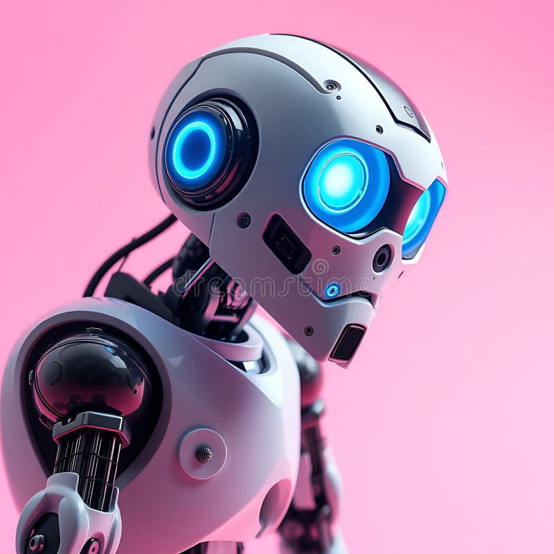 A Cool Robot with Glowing Blue Lights on a Pastel Pink Backdrop Stock ...