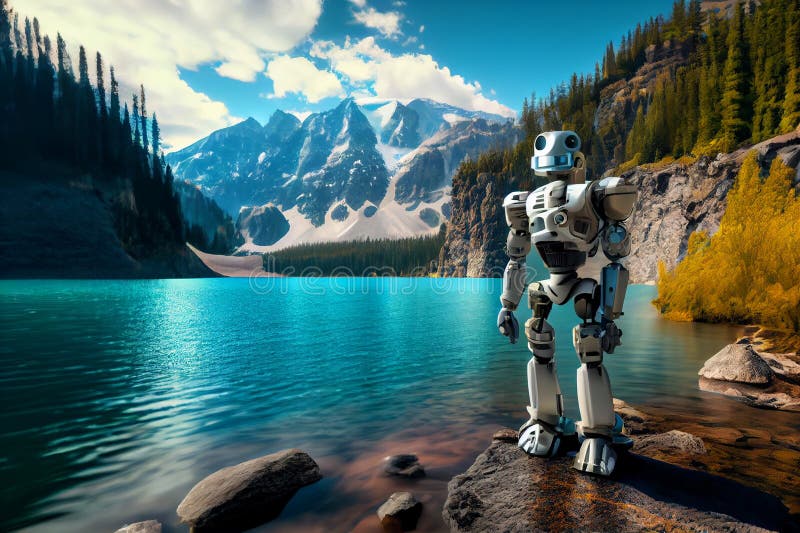 Cool Robot Walks in Nature Near the Lake. AI Generated Stock ...