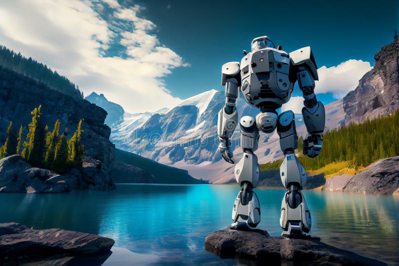 Cool Robot Walks in Nature Near the Lake. AI Generated Stock ...