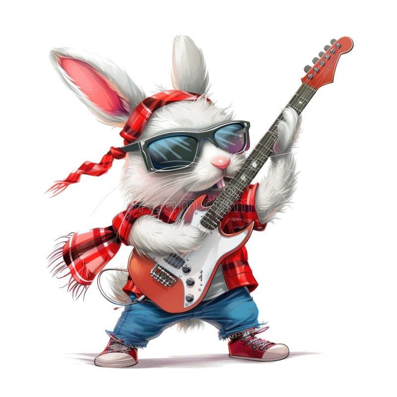 Cool Rocker Bunny: Playful Rabbit with Guitar in Leather Jacket and ...