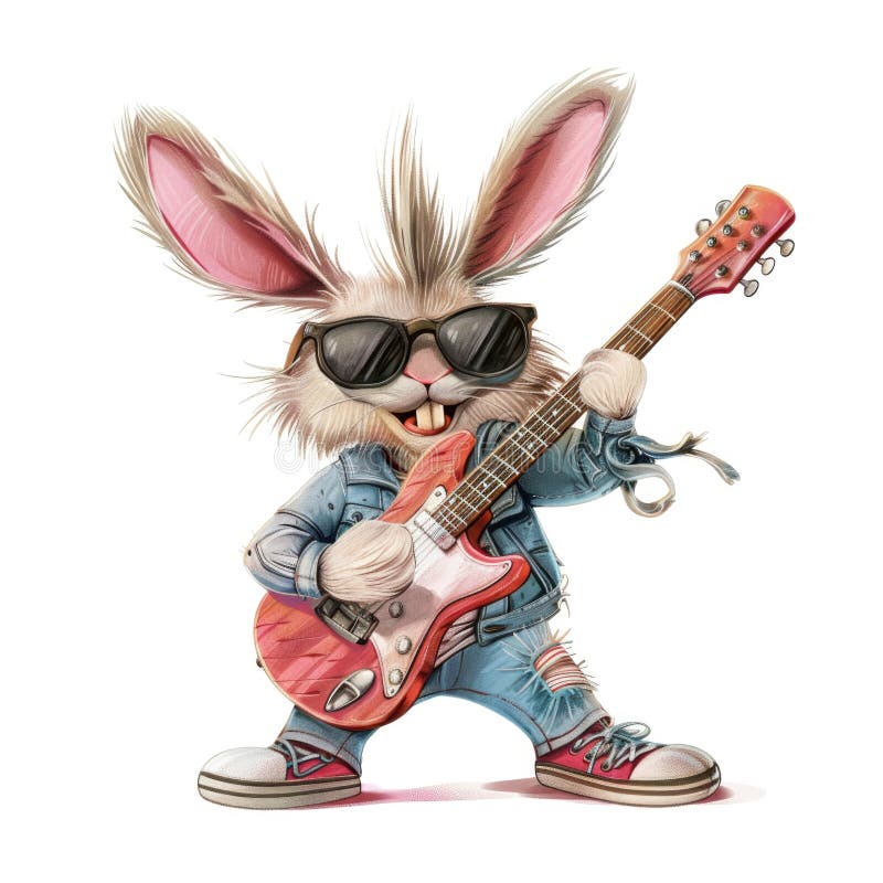 Cool Rocker Bunny: Playful Rabbit with Guitar in Leather Jacket and ...