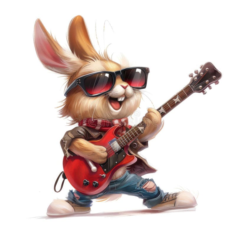Cool Rocker Bunny: Playful Rabbit with Guitar in Leather Jacket and ...