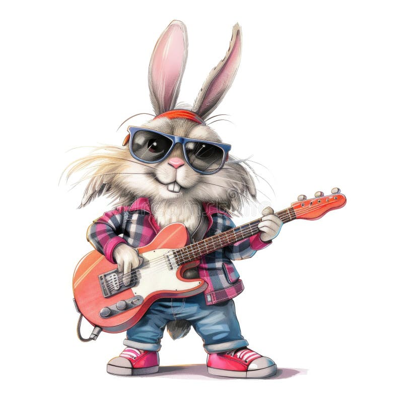 Cool Rocker Bunny: Playful Rabbit with Guitar in Leather Jacket and ...