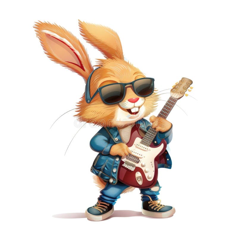 Cool Rocker Bunny: Playful Rabbit with Guitar in Leather Jacket and ...