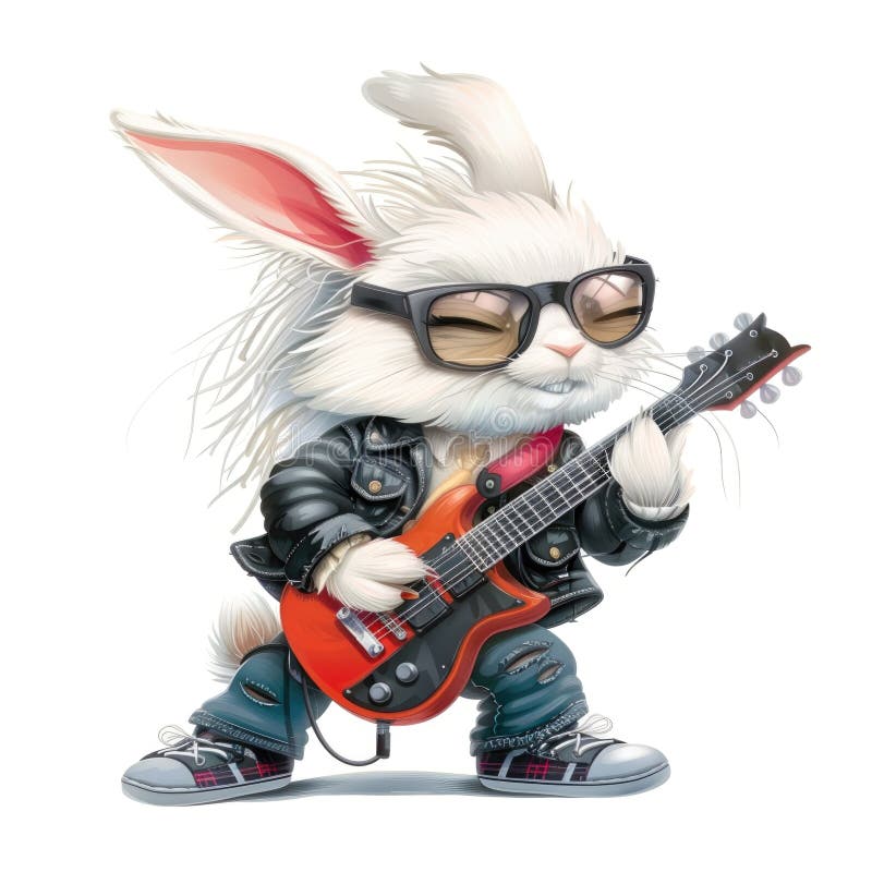 Cool Rocker Bunny: Playful White Rabbit with Guitar in Leather Jacket ...