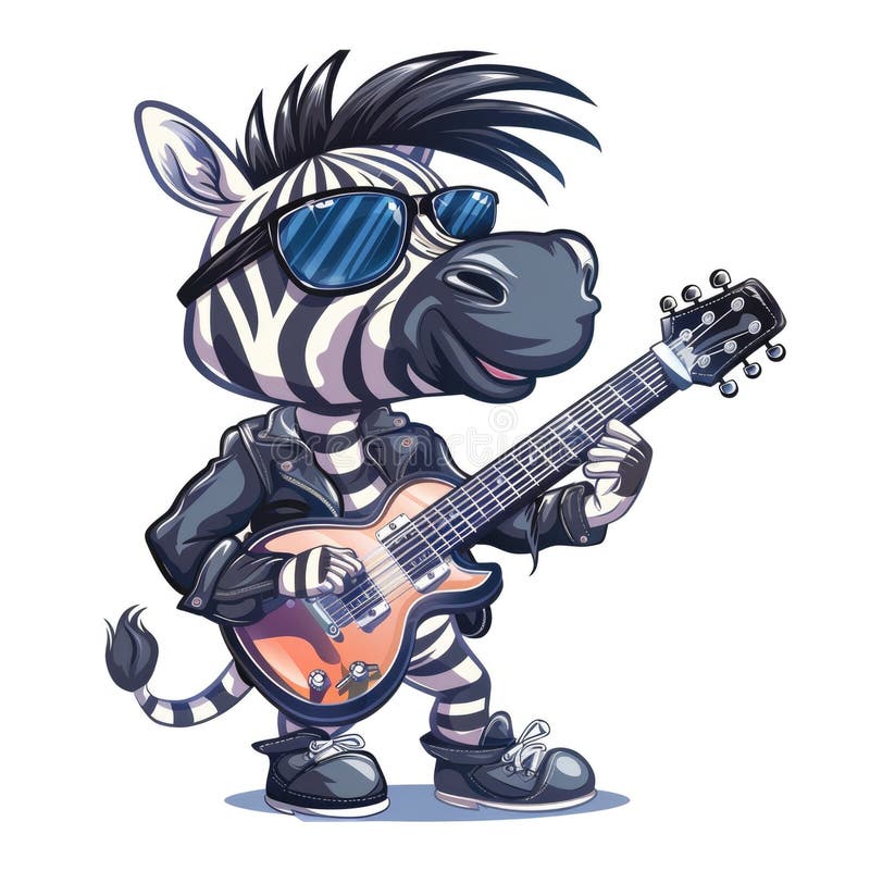 Cool Rocking Zebra with Guitar in Leather Jacket and Sunglasses Stock ...